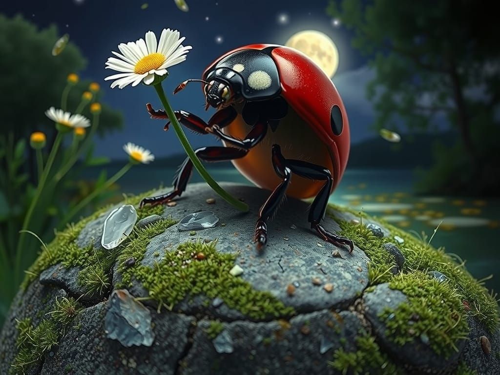 Ladybug Under Full Moon in Whimsical Landscape - AI Art