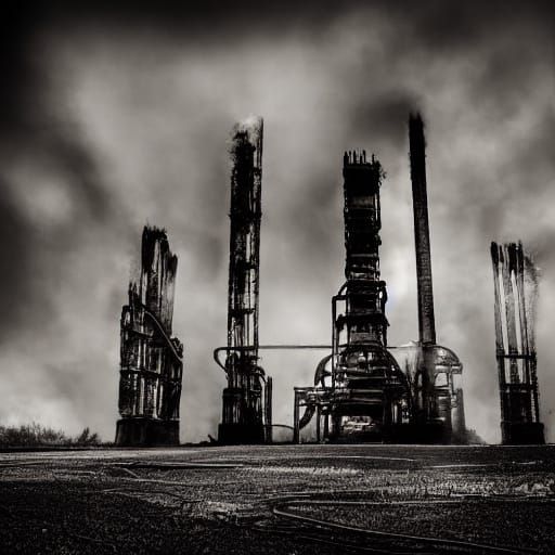 Industrial Decay in a Fiery Haze of Black and Yell... - AI Art