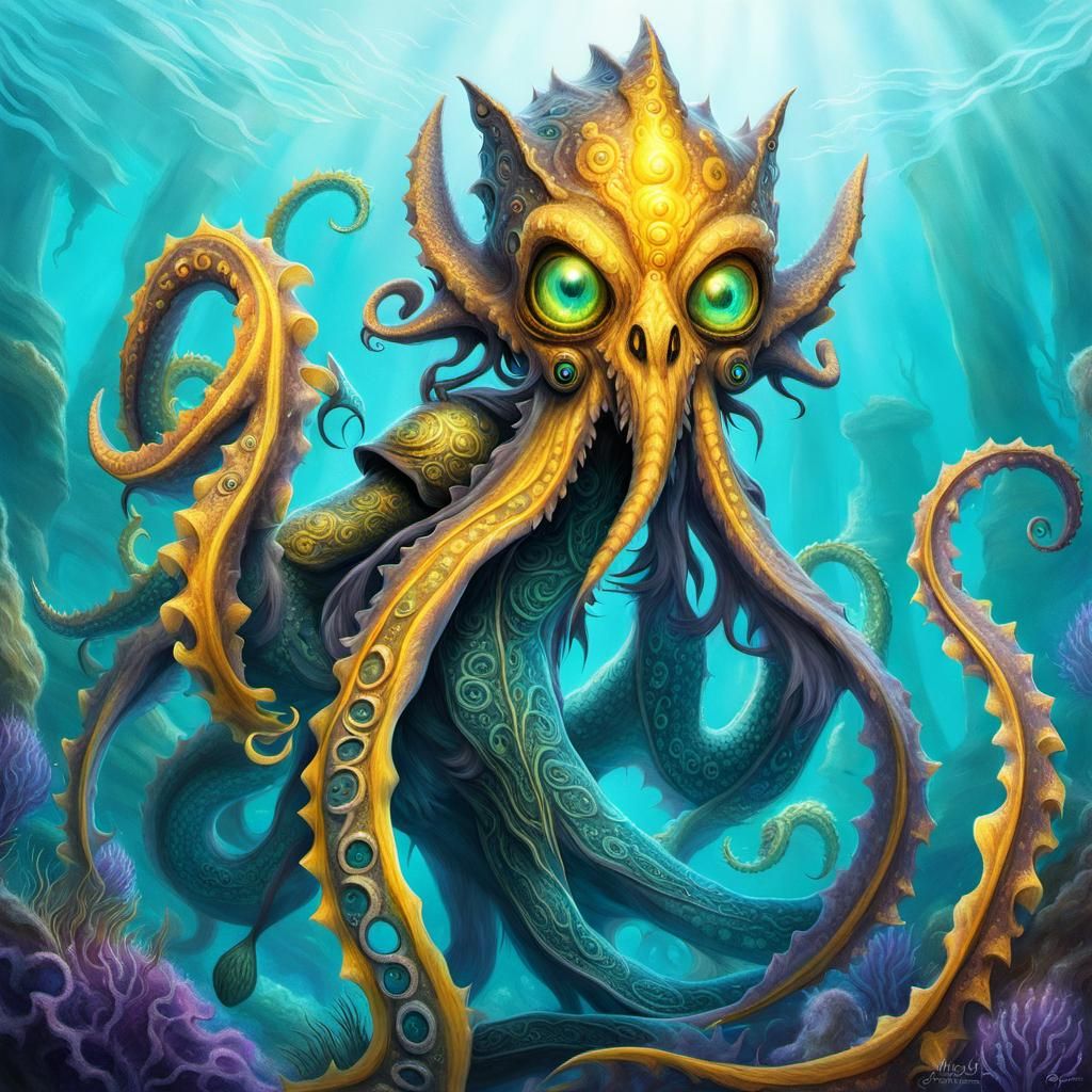 ferocious scaled giant octo-dragon halfling with large expressive ...