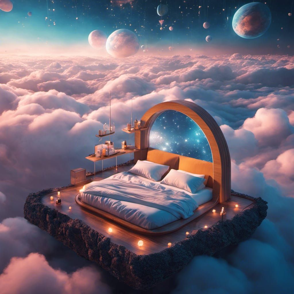 🌀🔮 a magical bed made as constellation in the clouds, surreal 3d render ...