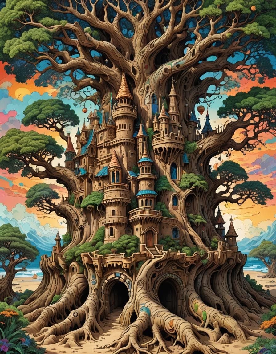 (Hyper detailed artwork of a Pompous sand castle on a mighty tree with ...