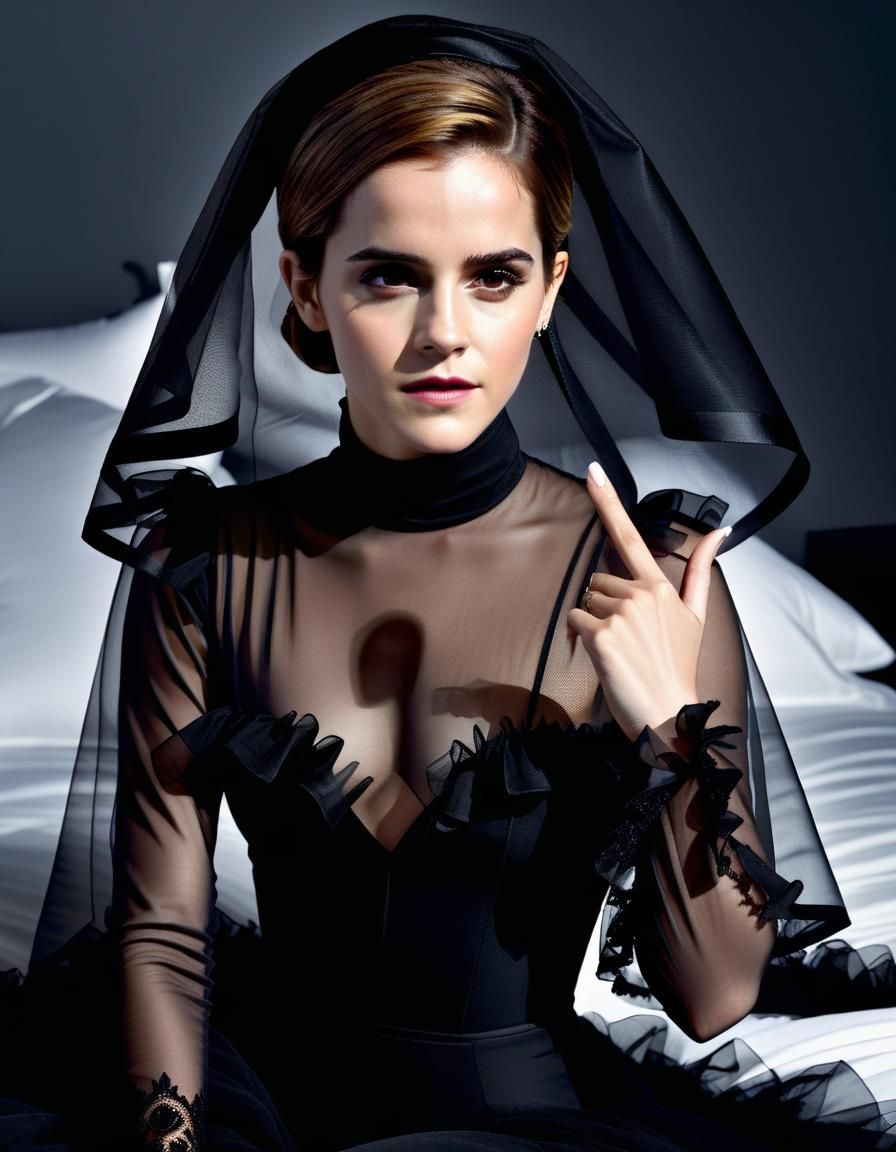 Emma Watson, extremely transparent sheer black ruffle bodysuit, show full body, intricate ...