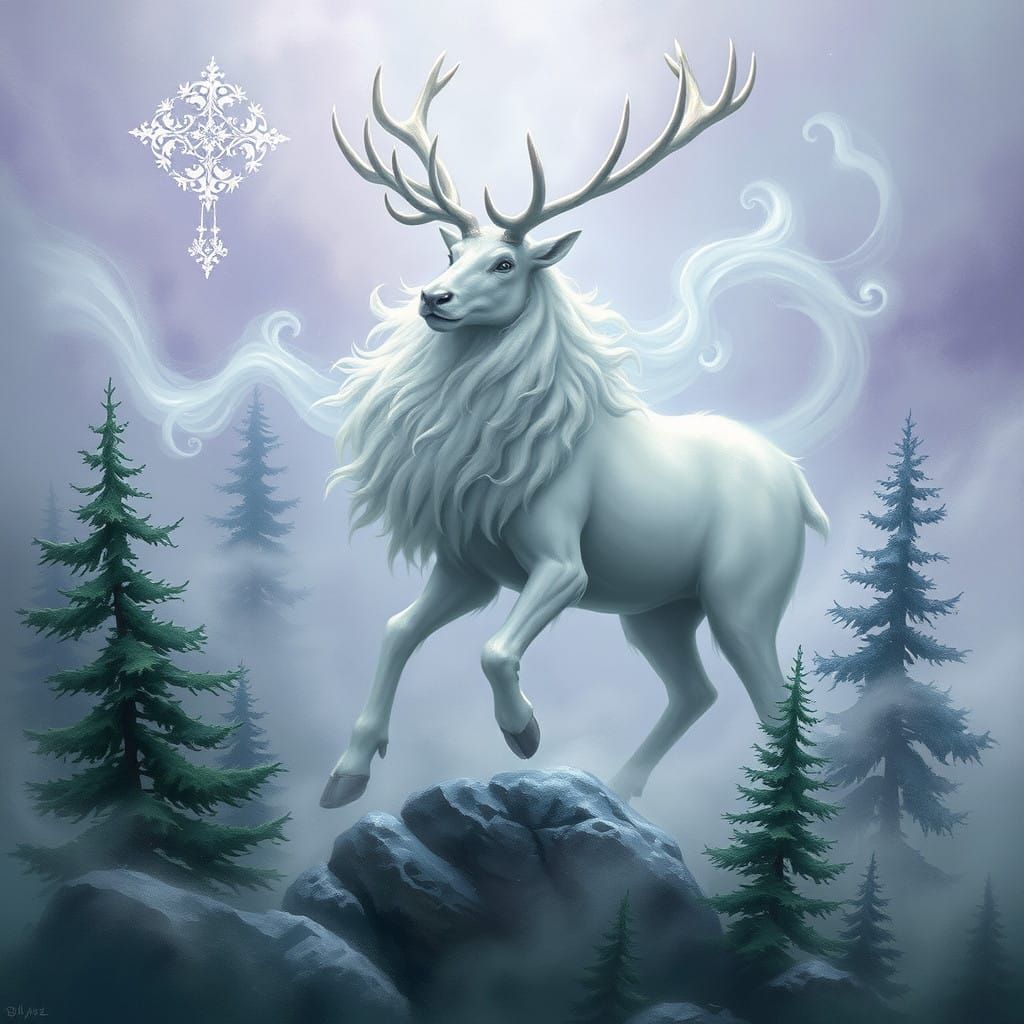 Frost Stag - Spectral White Reindeer in Mystical Forest