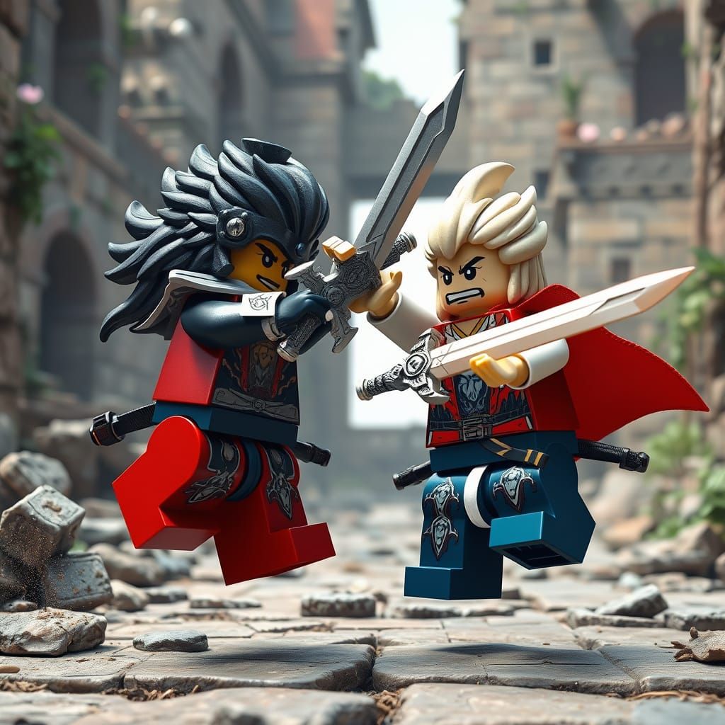 Epic Lego Warriors Engage in Intense Cityscape Due... - AI Art