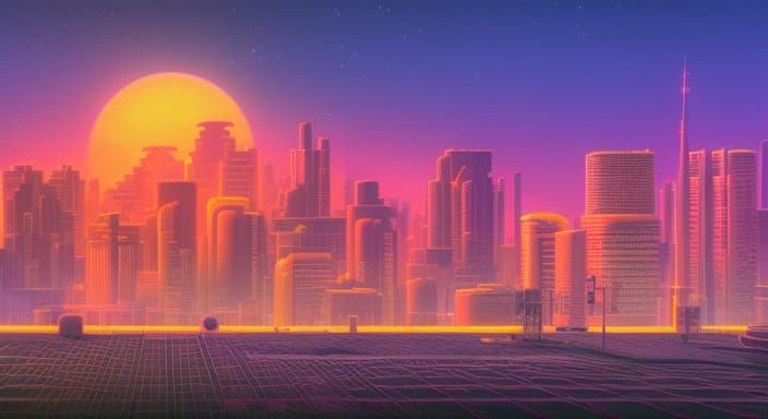 80's retro city with sunset at the side, retrowave, grid, detailed ...