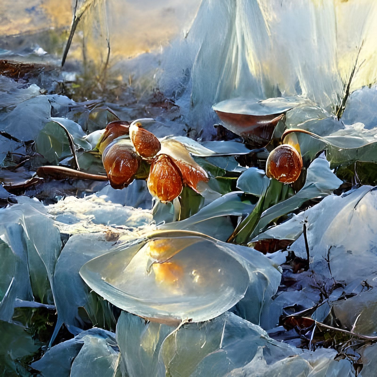 Frost frozen flowers begin to drip off their shells at the first sight ...
