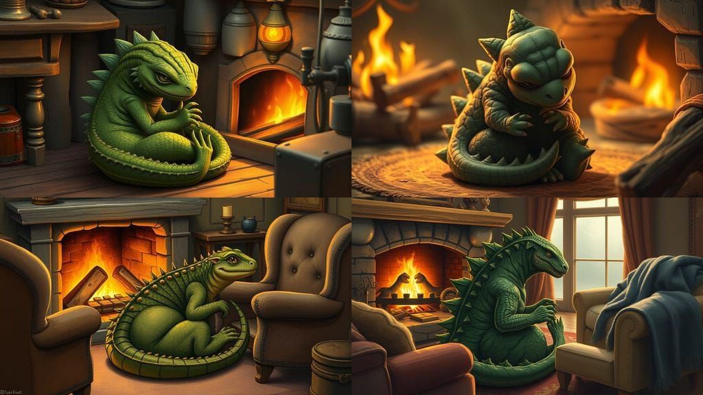 Cozy Godzilla, a Tiny Monster by the Fireplace - AI Art