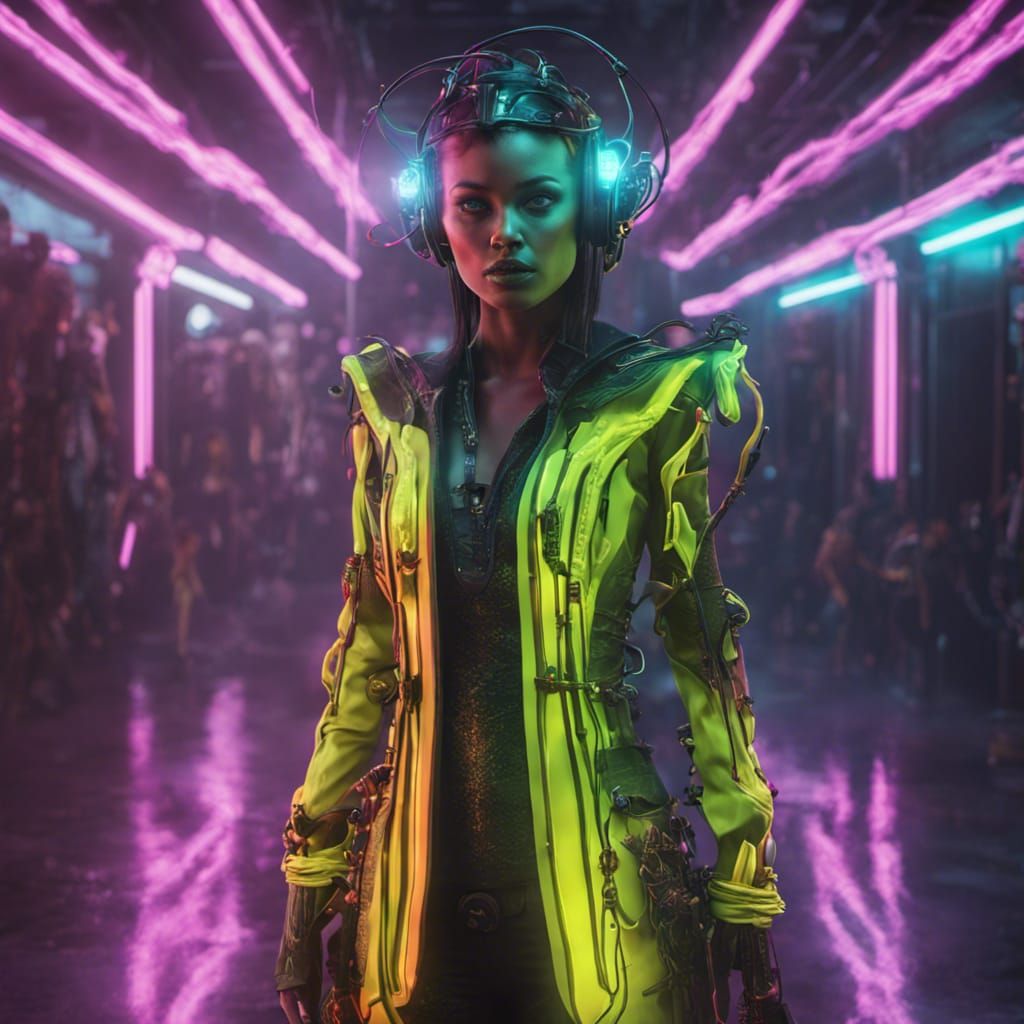 Alien couture hi fashion clothing on female model with neon bulb ...