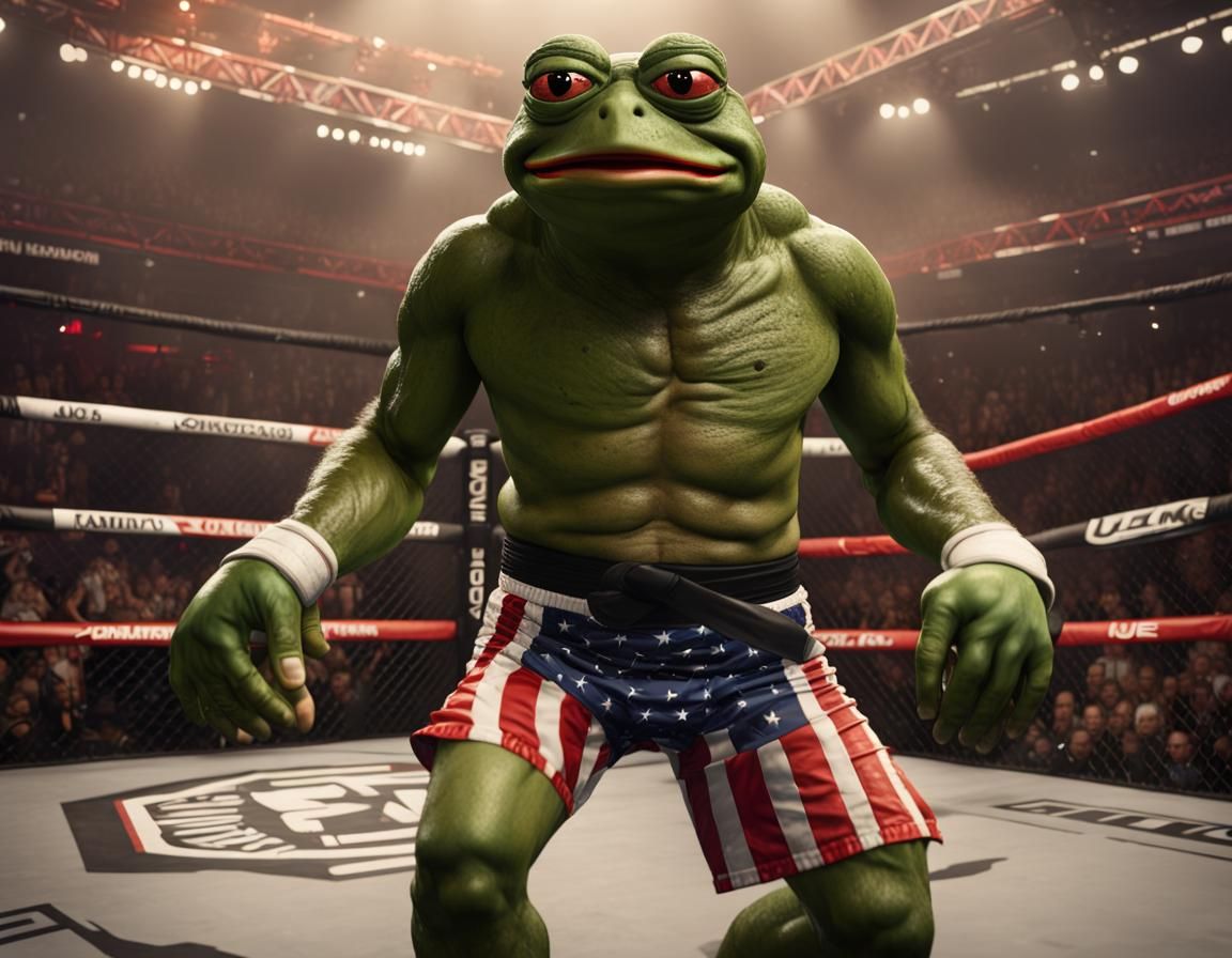 Pepe the frog entering the ufc fight octagon, wearing fight trunks ...