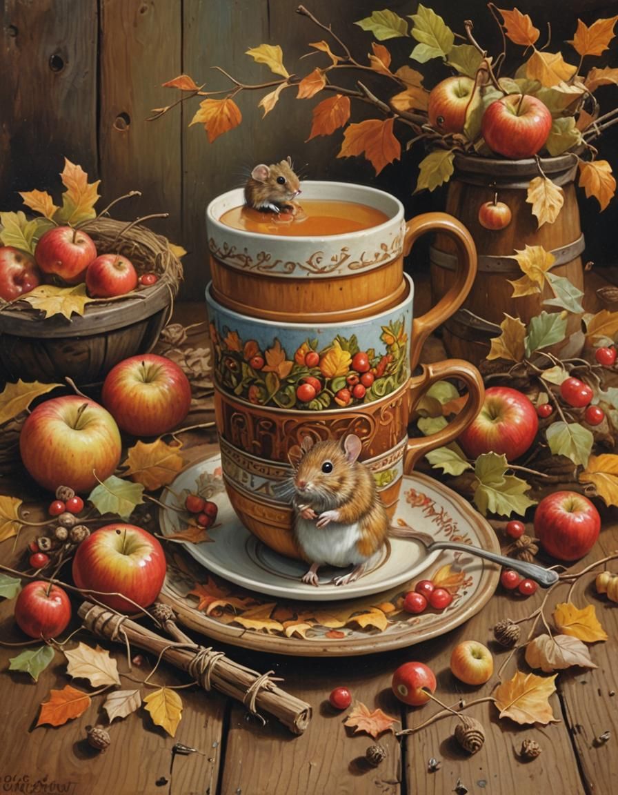 rustic autumn harvest mouse cup of hot apple cider folk art - AI ...