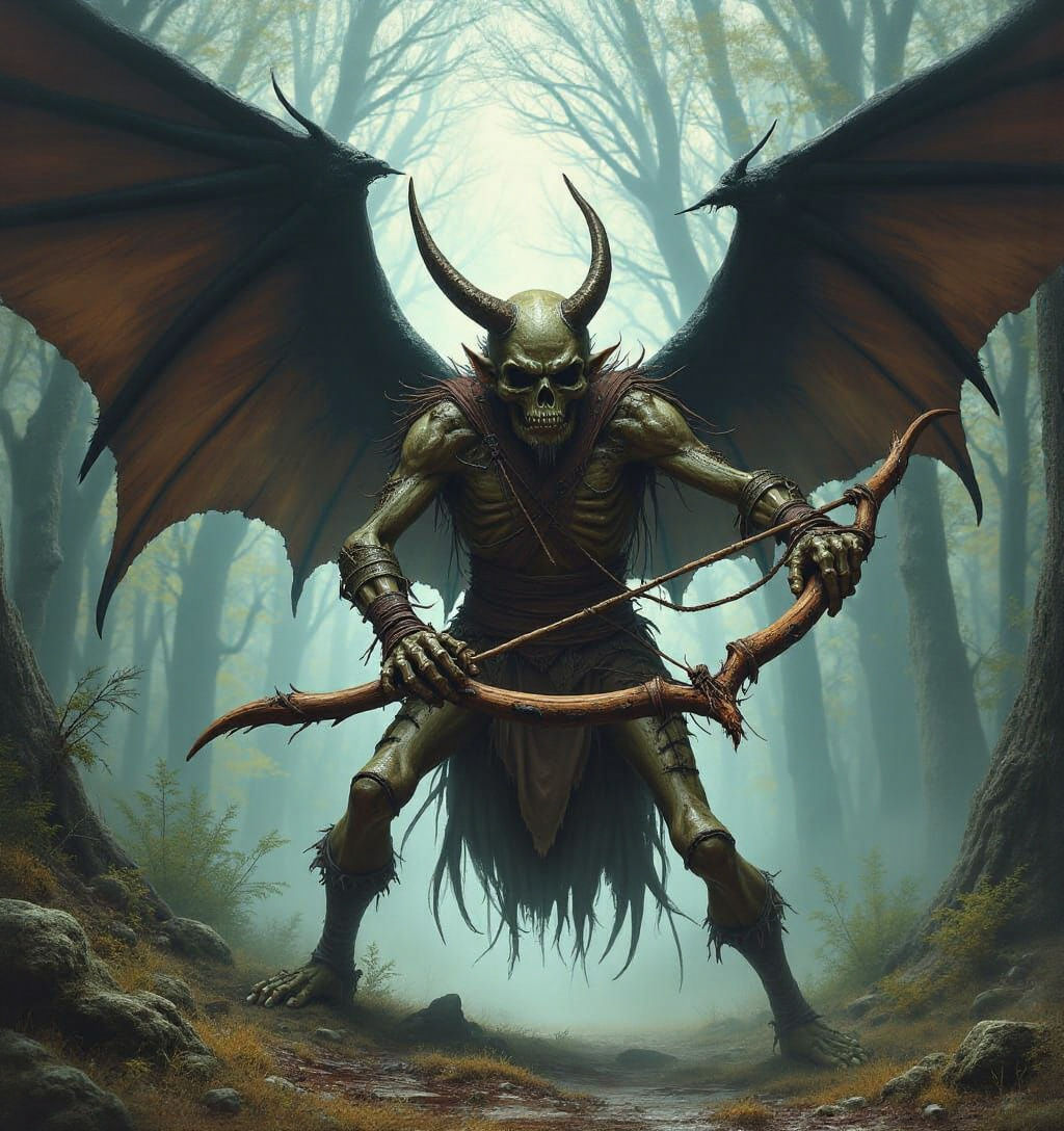 Undead goblin skeleton blood hunter with crimson wings wielding a bow