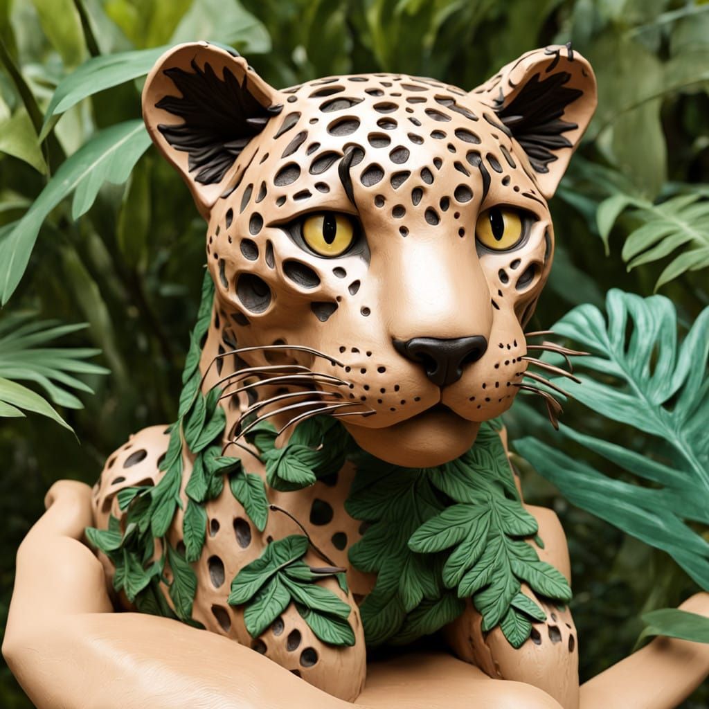 Realistic Clay Jaguar with Handmade Jungle of Clay... - AI Art
