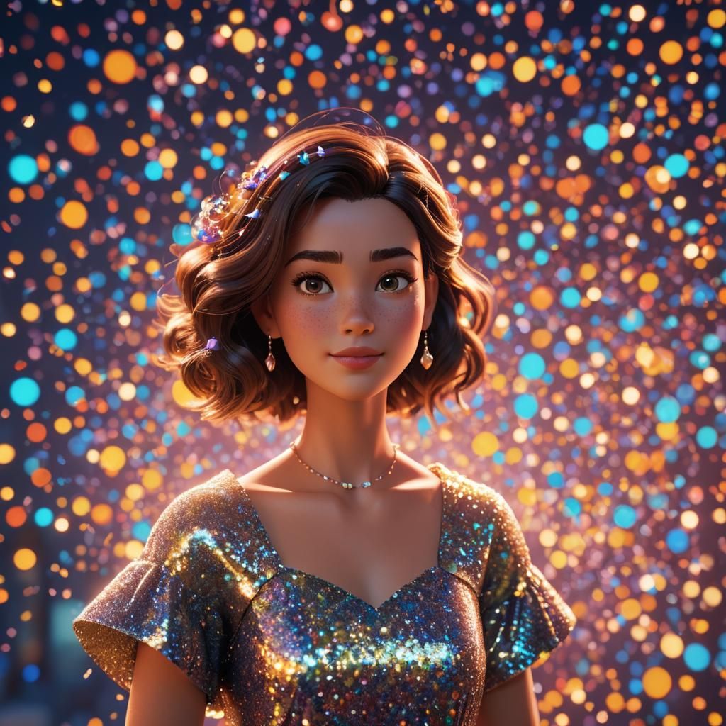 A beautiful woman is glow shine shimmer gleam glitter bokeh Pixar ...