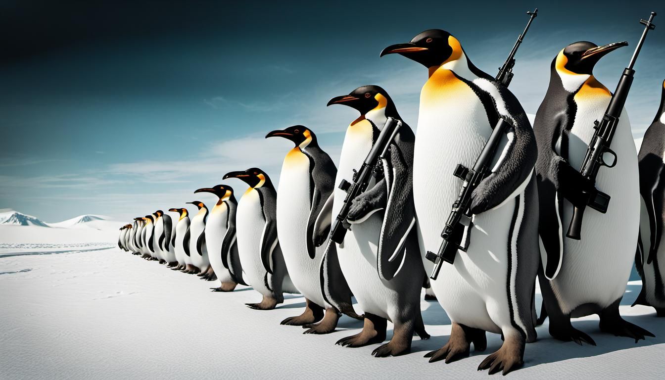 A vast legion of armed military penguins holding guns marching through ...