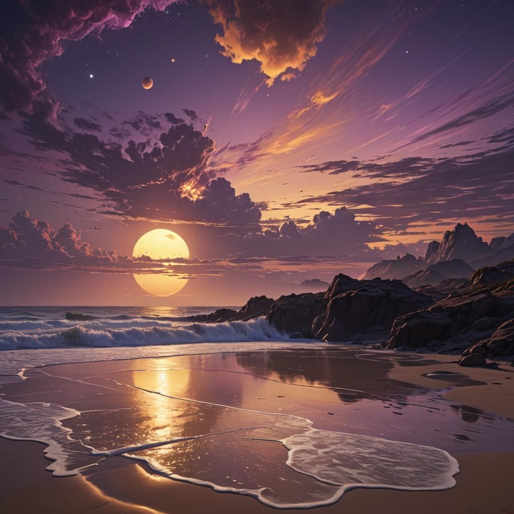 Stunning Beach Sunsets on planet pluto - AI Generated Artwork - NightCafe Creator