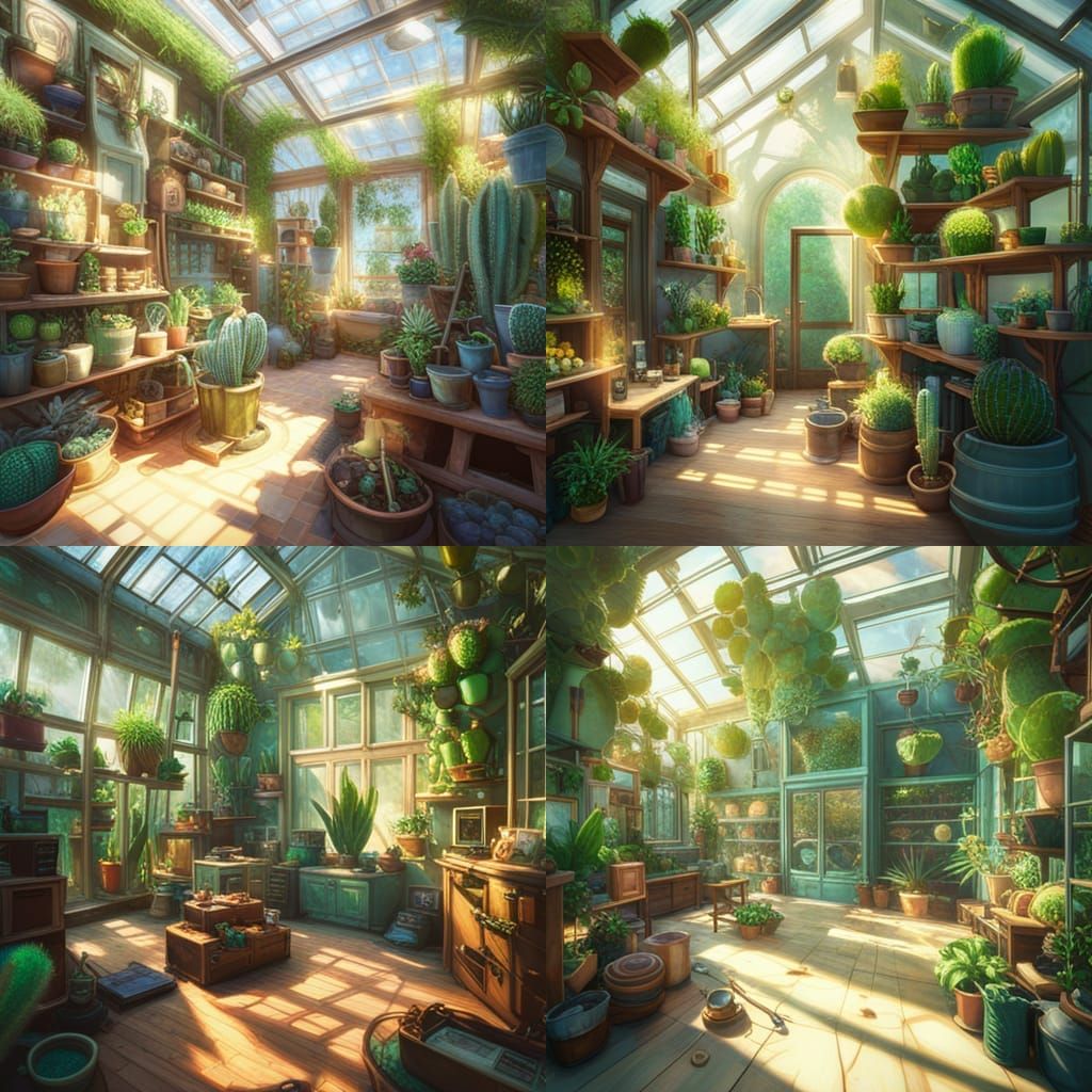 solarpunk greenhouse!!!! room filled with cactus!! soft colors | ray of ...