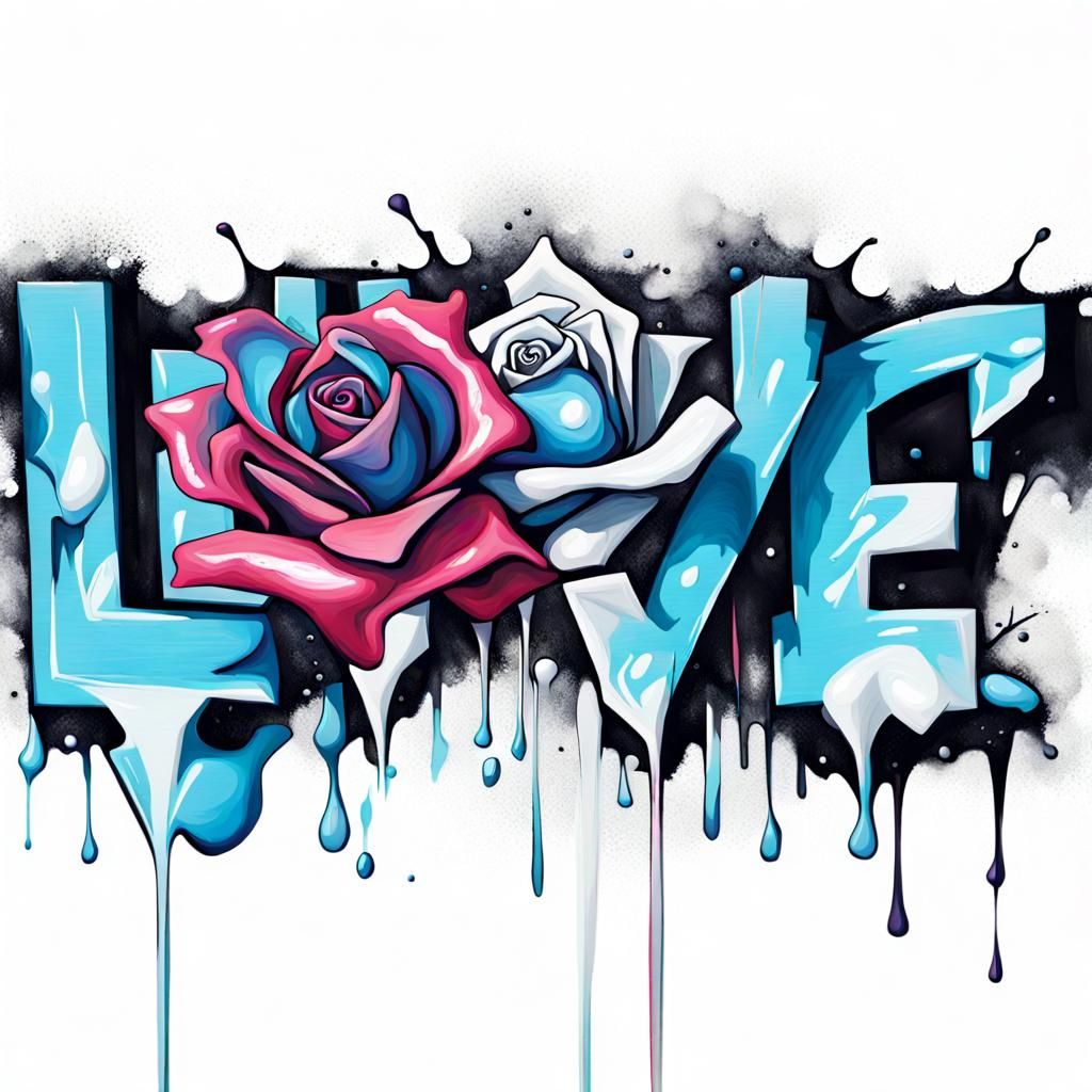 a blue rose and a white rose graffiti art, splash art, street art ...