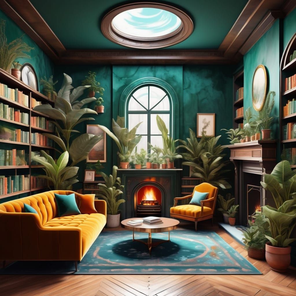 Moonlit Library Sanctuary in Vibrant Hues - AI Art