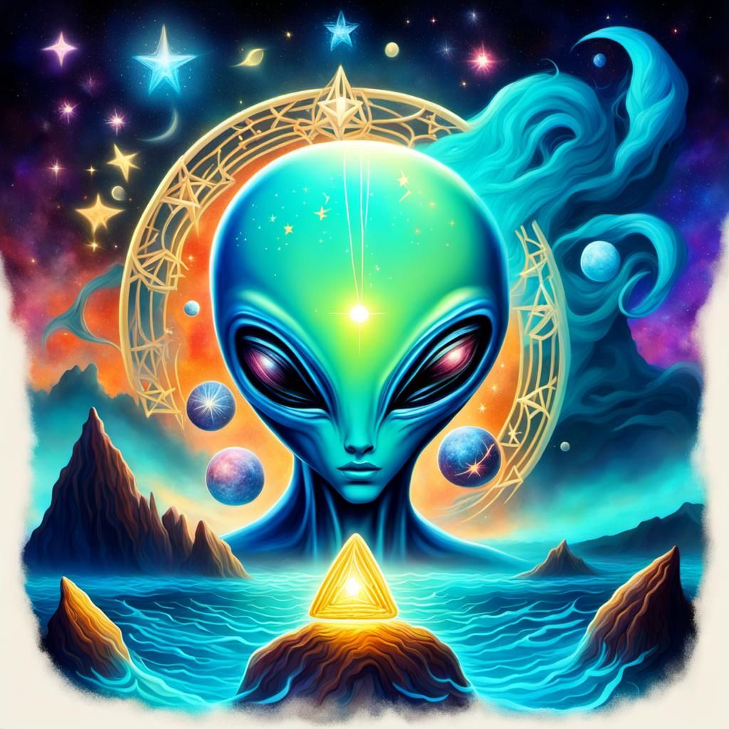 Eclectic surrealist fusion, alien, glowing runes, vibrant ocean, stars ...