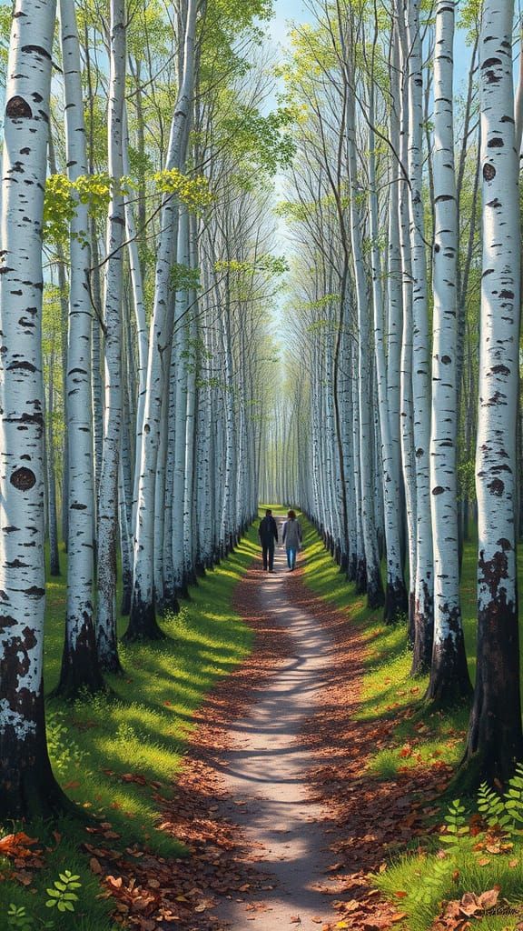 Narrow, winding path leading through a grove of birch trees