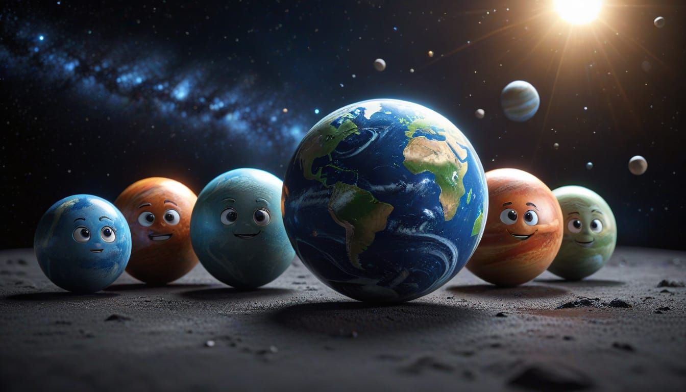 Earth as a spherical characters at a conference of planets. Show all ...