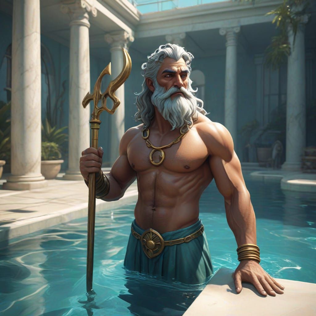 God of the Sea as a Pool Attendant in Vibrant Conc... - AI Art