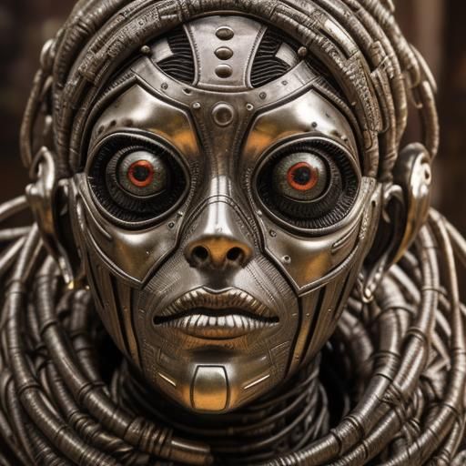 a close-up metallic mummy patched clay and wire sculpture with weird ...