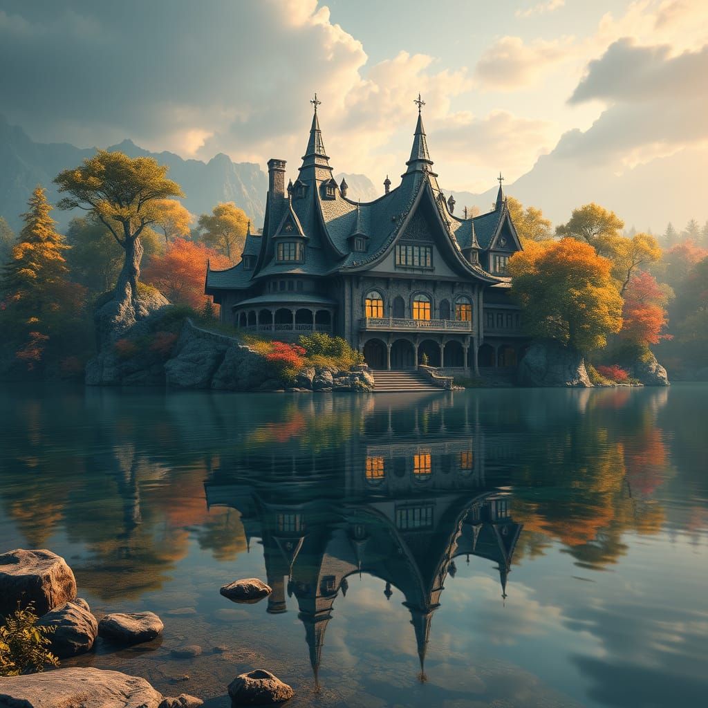 A serene house on a lake - Ethereal Lakeside Mansion in Cybe...