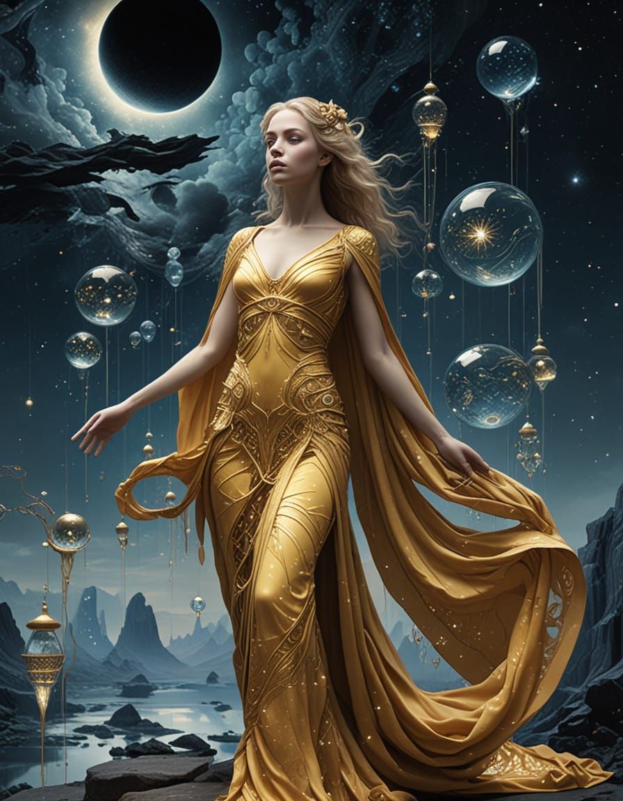Ethereal Infinity Goddess, draped in a resplendent golden gown with ...