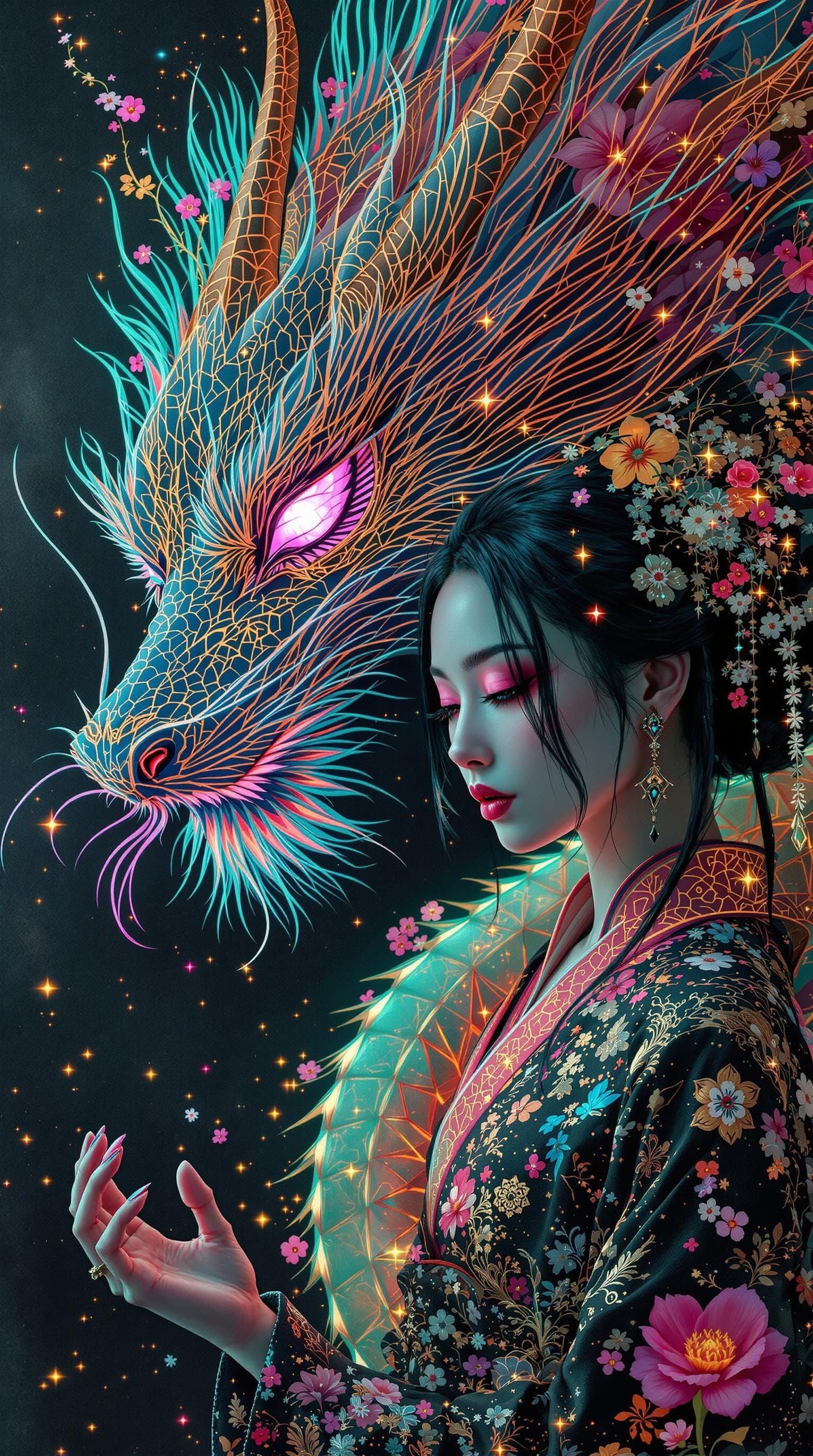 Geisha 1 - Surreal Neon Bioluminescent Goddess and Luck-Drag...