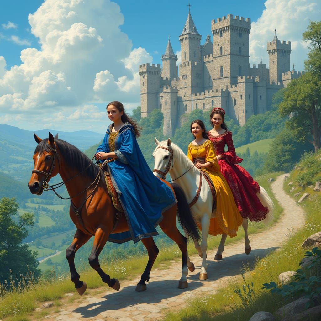 Sisters Riding - Sisters Riding into a Majestic Tudor Castle