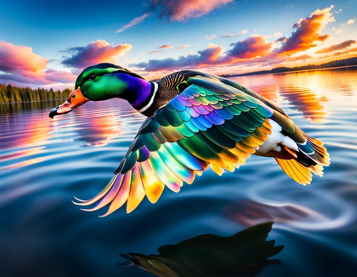 Evening sun makes the plumes of the duck glitter in iredescent colors ...