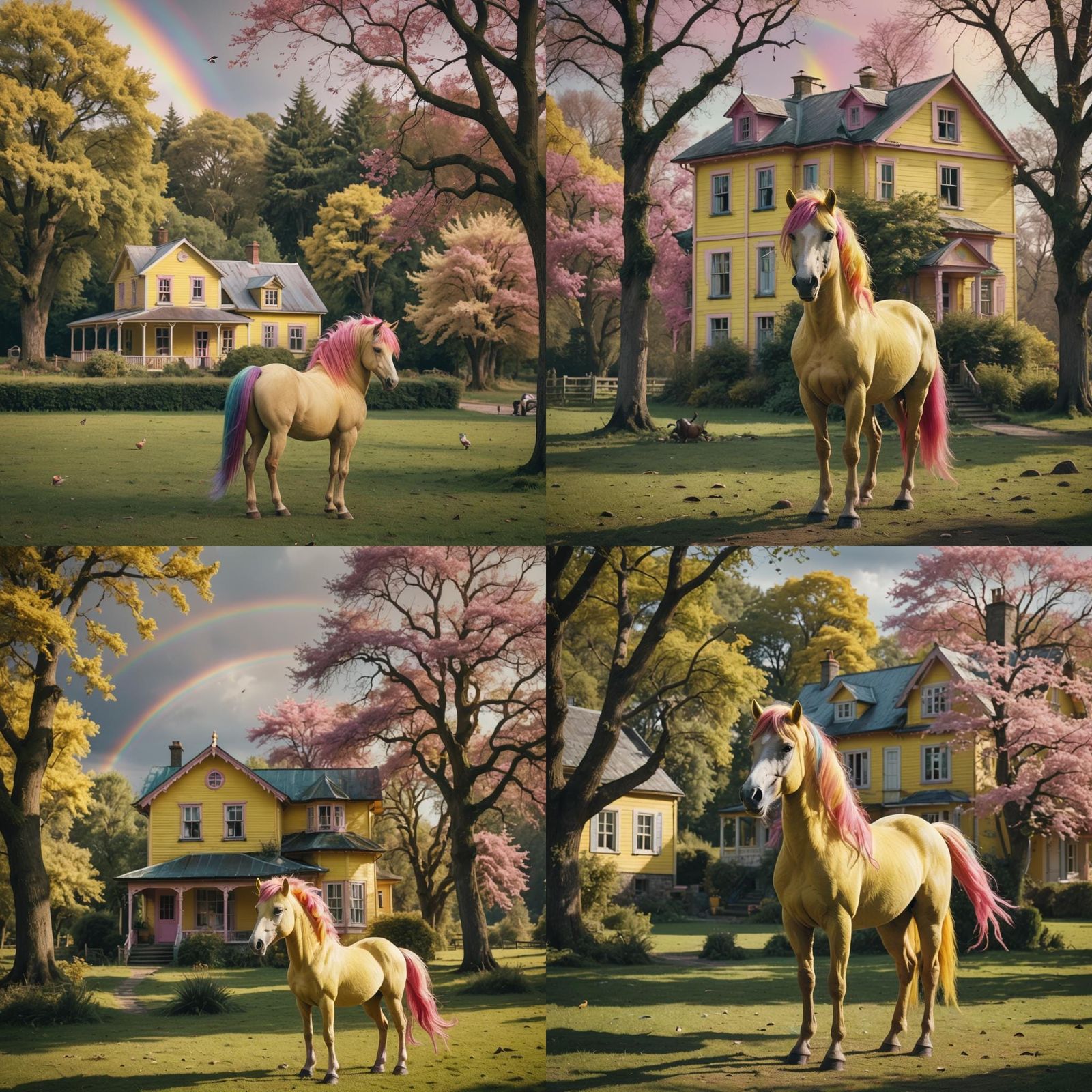 yellow rainbow pony welcomes you to the country house - AI Generated ...