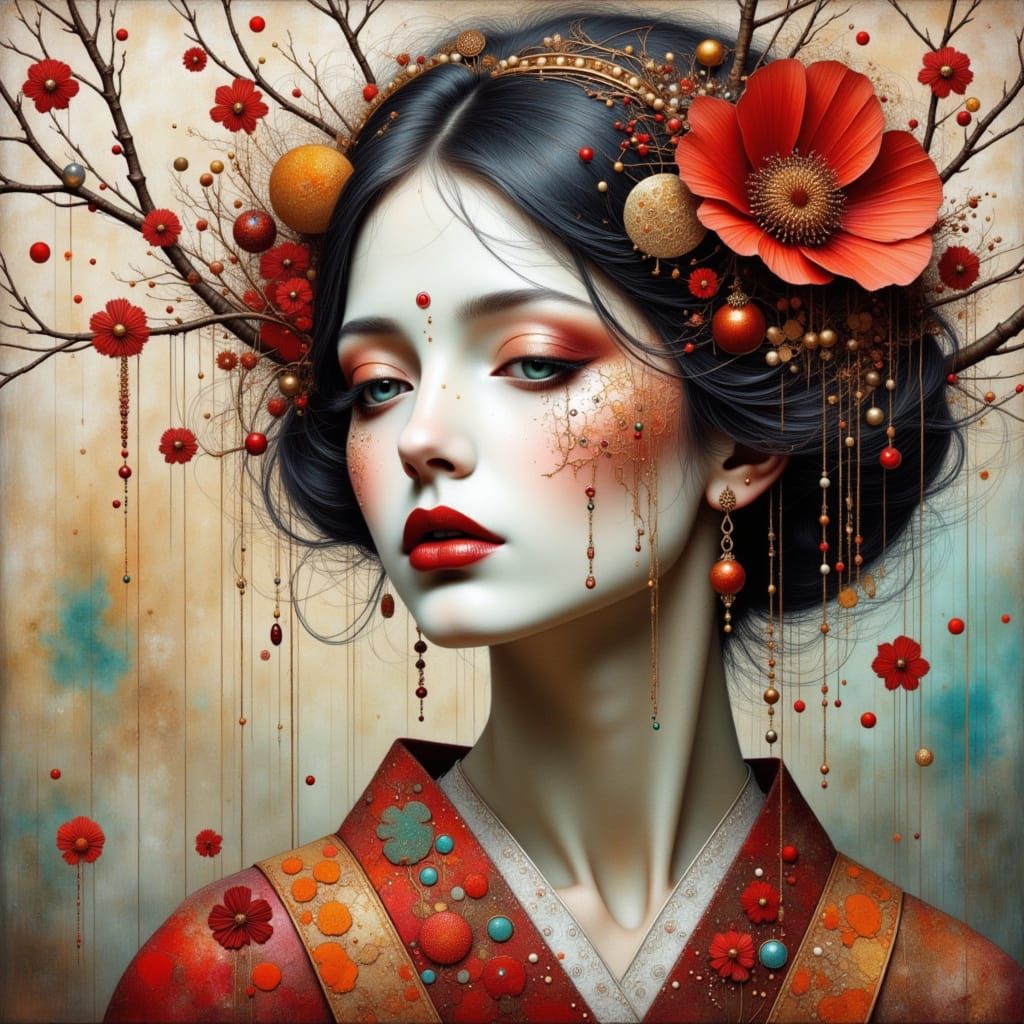 Ethereal Geisha Amidst Cherry Blossom Whispers - AI Art