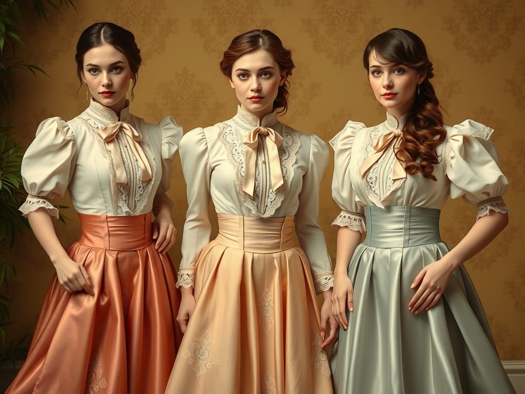 Ladies' garb - Elegant Ladies in Flowing Skirts and Lace Blo...
