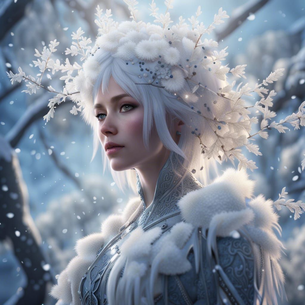 Beautiful snow fairy, snow flakes, frosted flowers, white willow tree - AI Generated Artwork ...