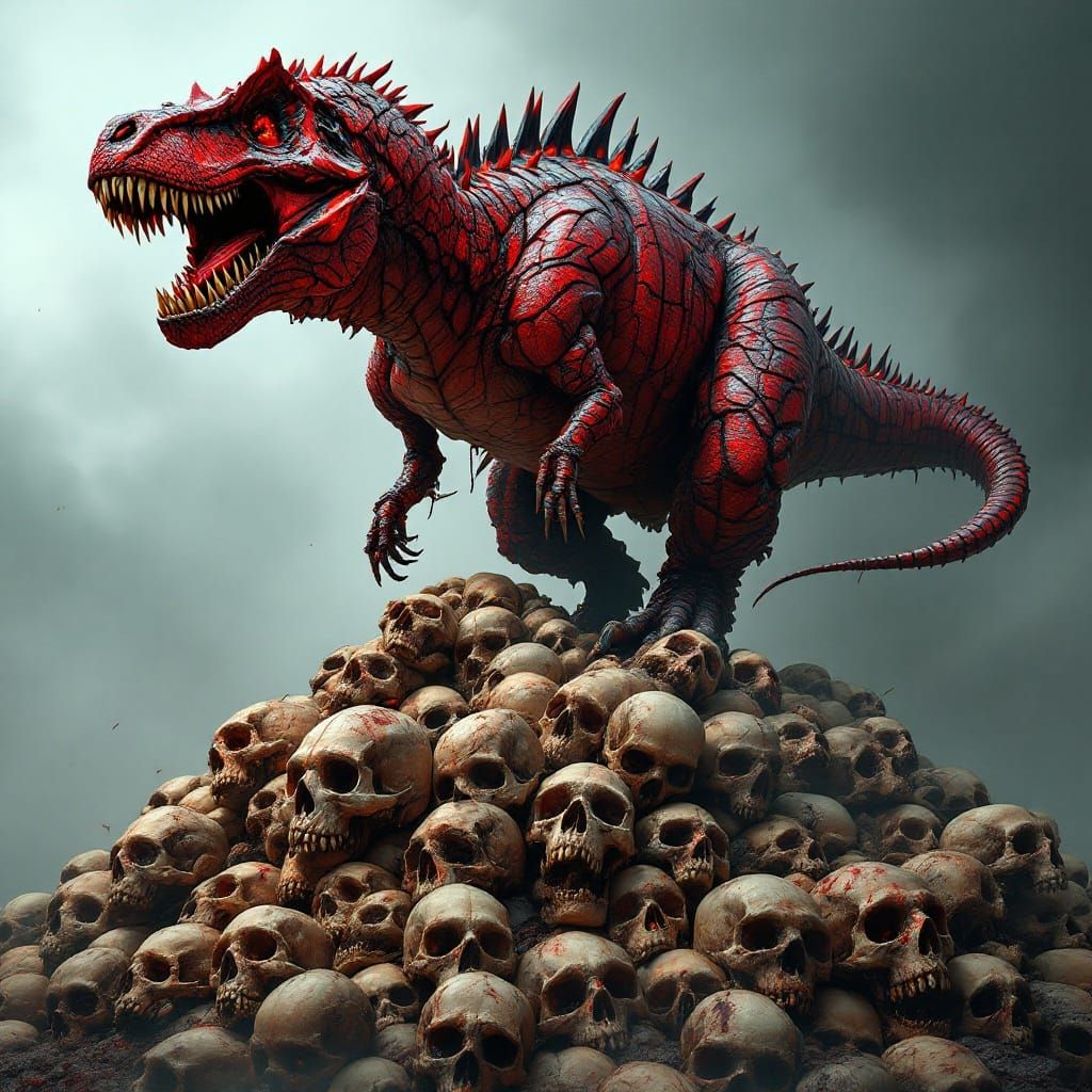 Gritty, Red Tyrannosaurus Rex Dominates with Battl... - AI Art