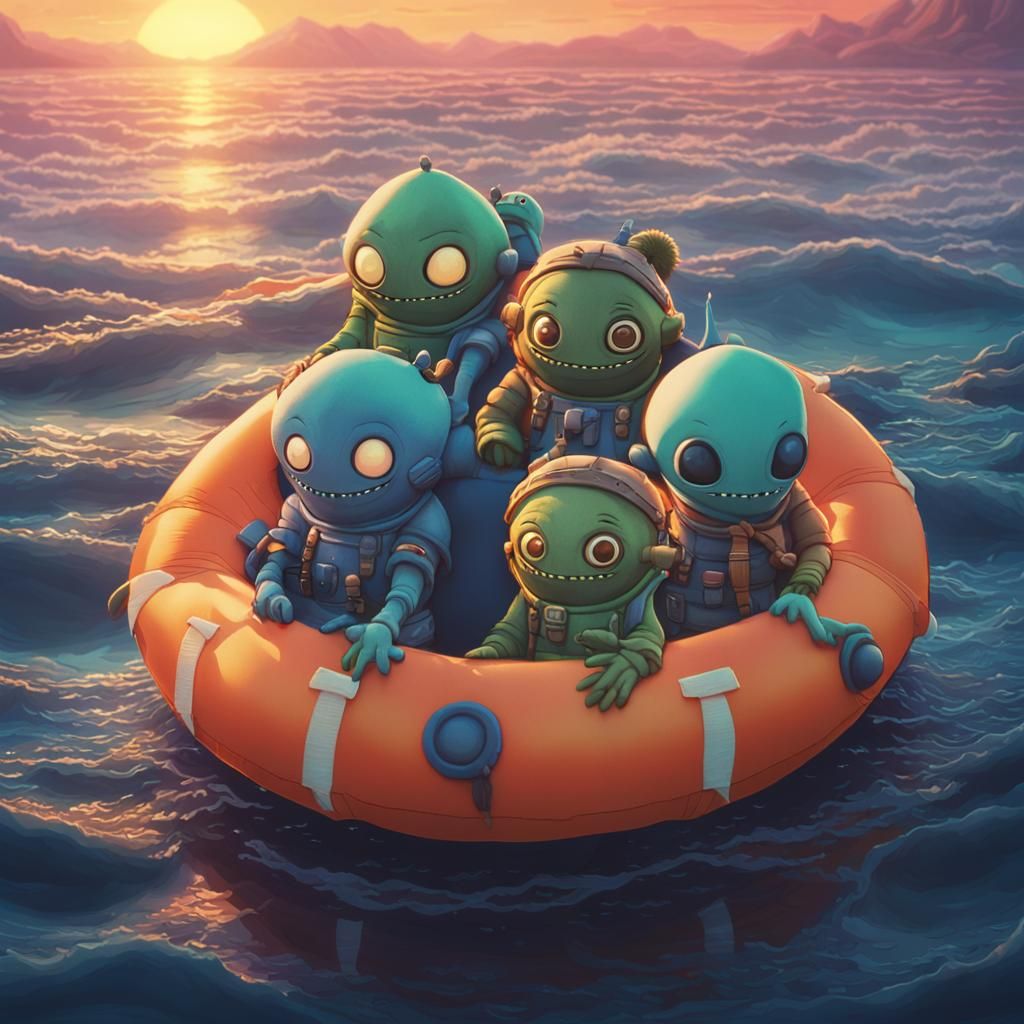 Cute aliens are sitting inside an inflatable life boat v2 - AI ...