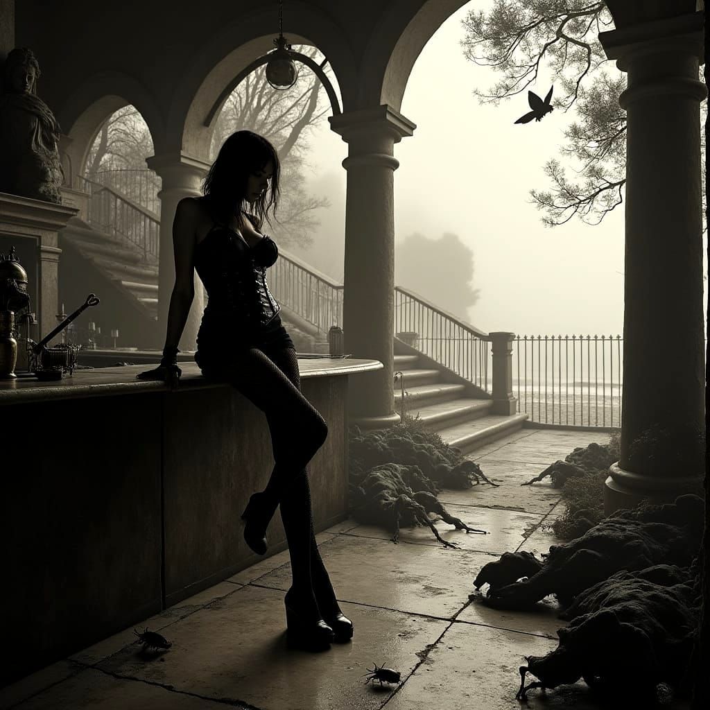 Goth Fashion Model in Rusty Iron Setting - AI Art