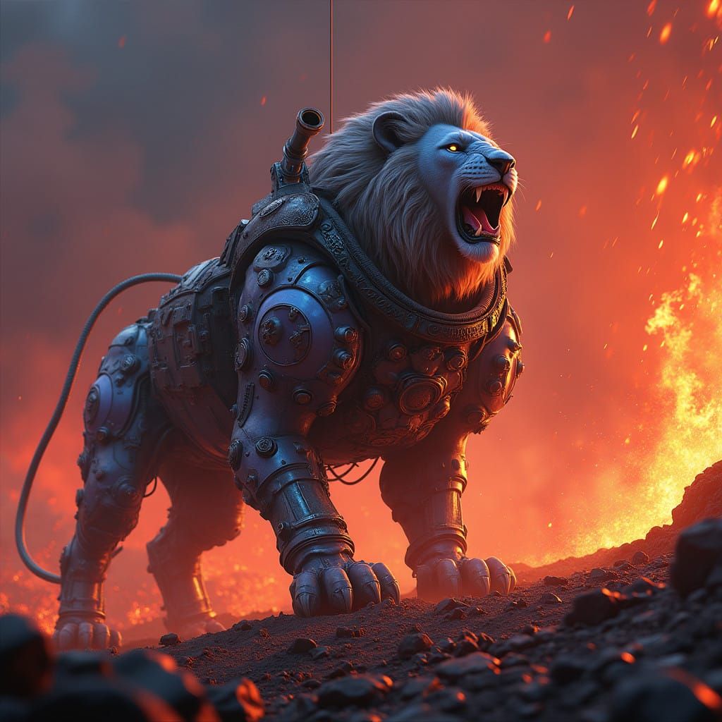 Cyberpunk Lion Tank Standing in Fiery Volcano Land... - AI Art