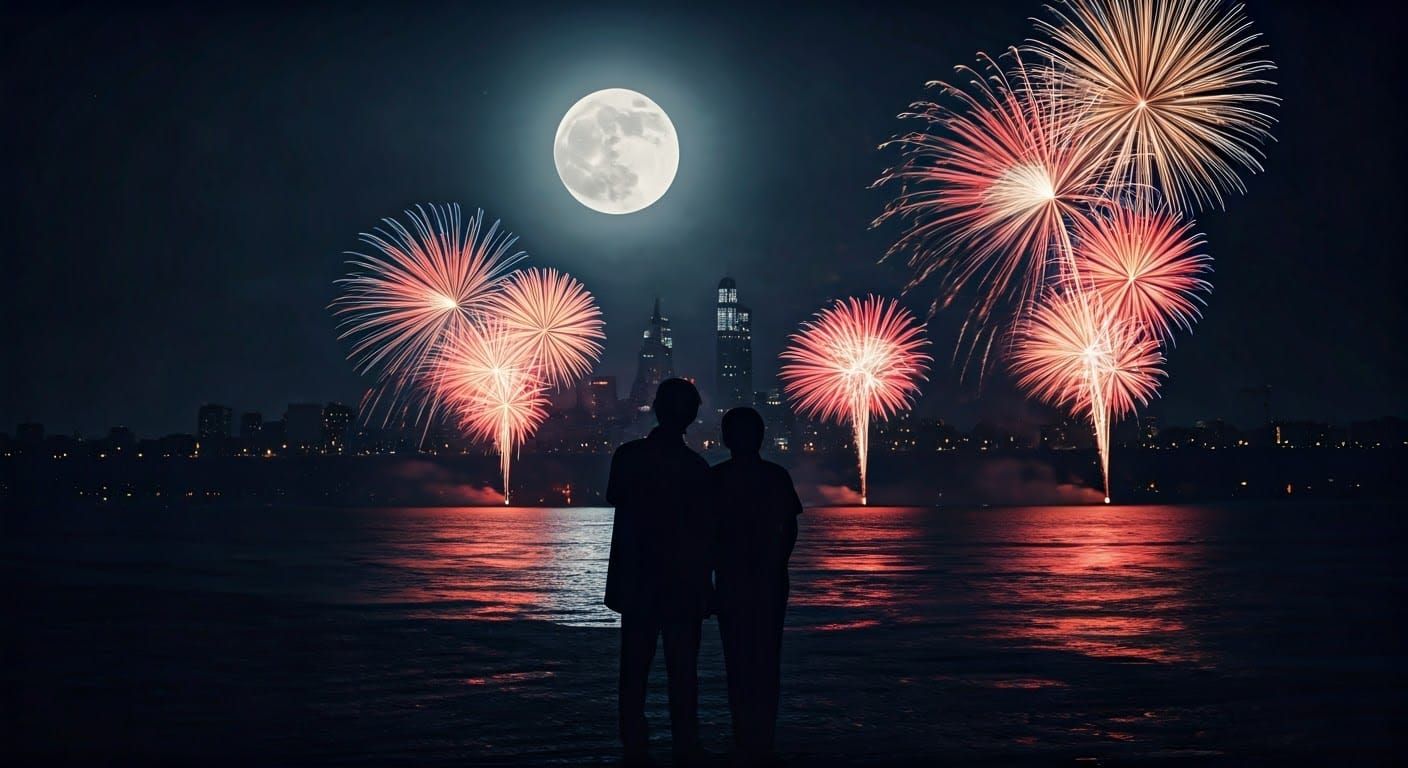 Midnight Celebration Under a Fiery Full Moon - AI Art