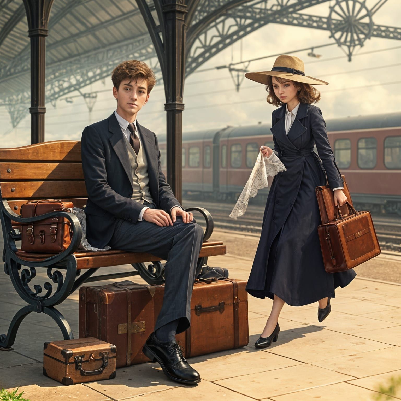 Young man sits on a railway platform bench as a young lady walks past ...