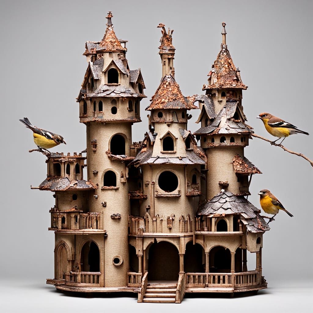 Whimsical Castle Birdhouse with Finches - AI Art