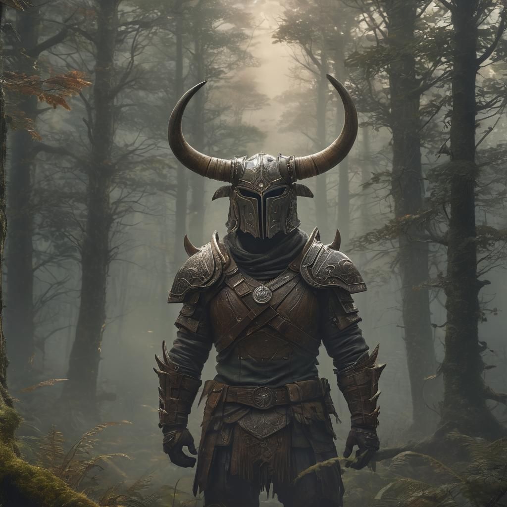 Horned Forest warrior - Ethereal Nordic Titan in Misty Fores...