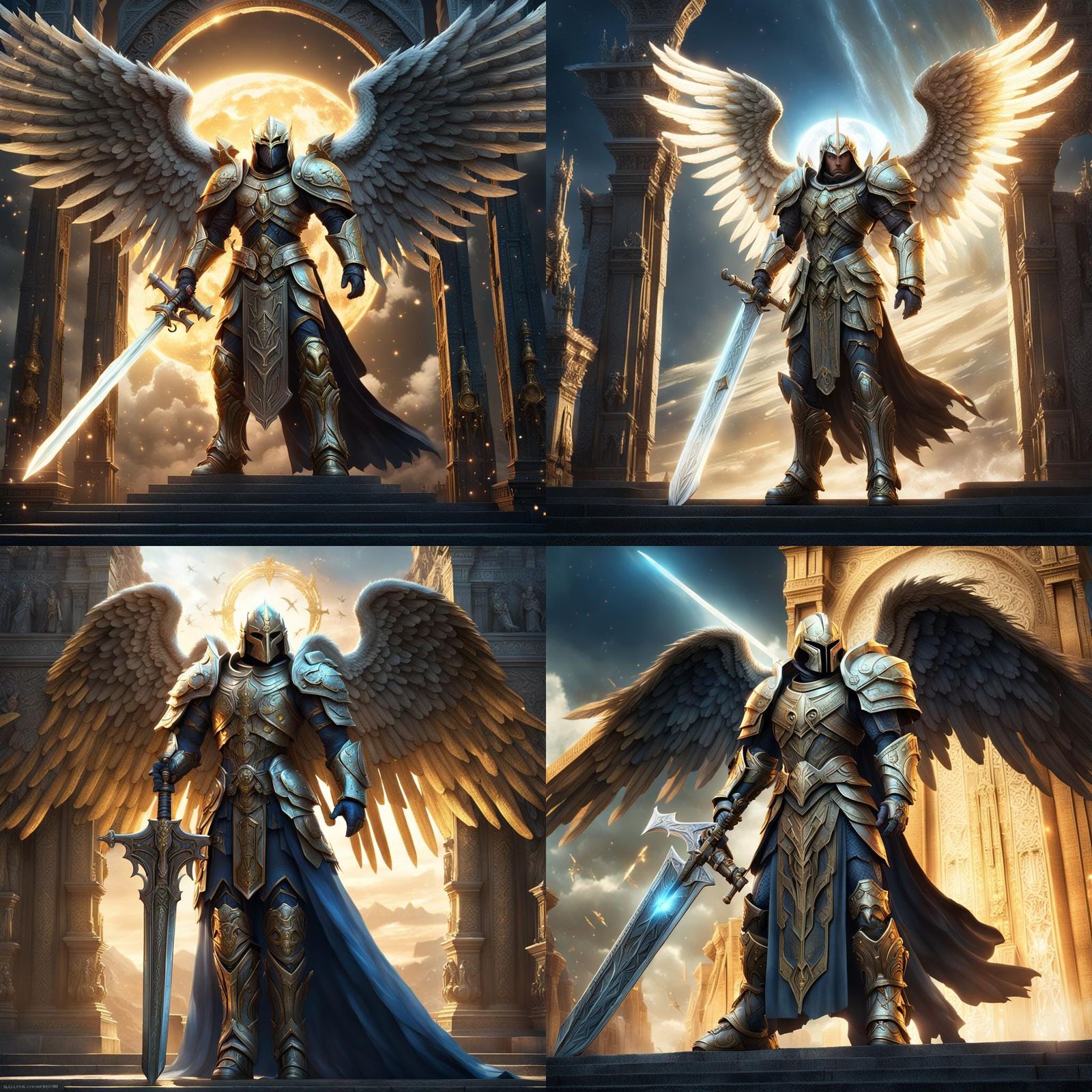A celestial sentinel warrior angel clad in armor of divine light, wielding a massive celestial ...