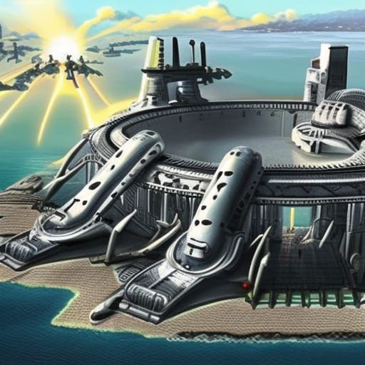 Futuristic Huge fortified Prison in year 3030, on an island in the ...