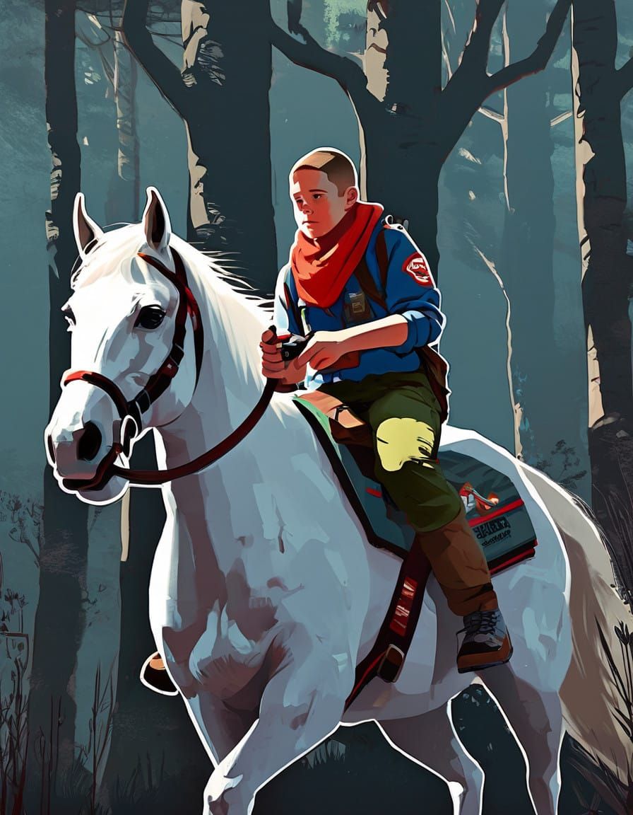 boy-scout riding a white horse - Young Scout Embarks on Wild...