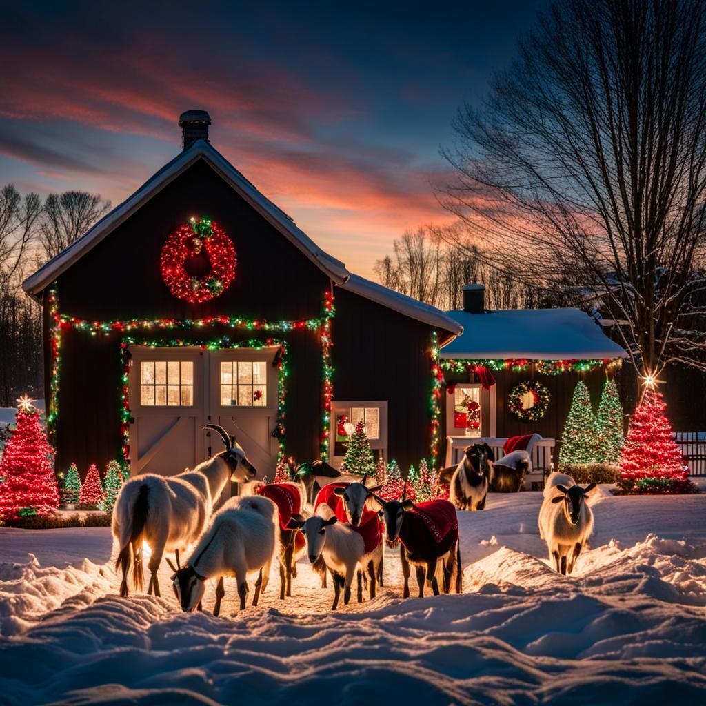 A farm pasture and farm house with decorated for Christmas with lights ...
