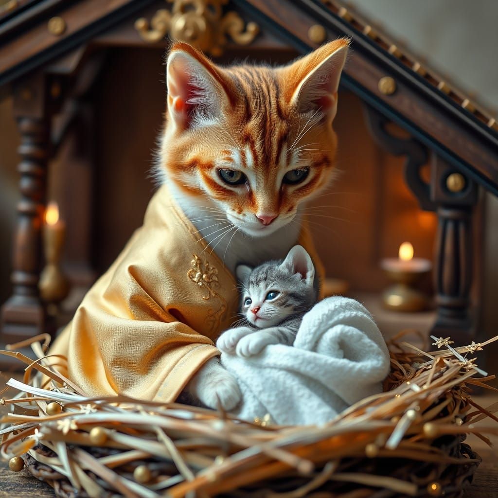 Classic Cat Nativity Scene in Renaissance Style - AI Art