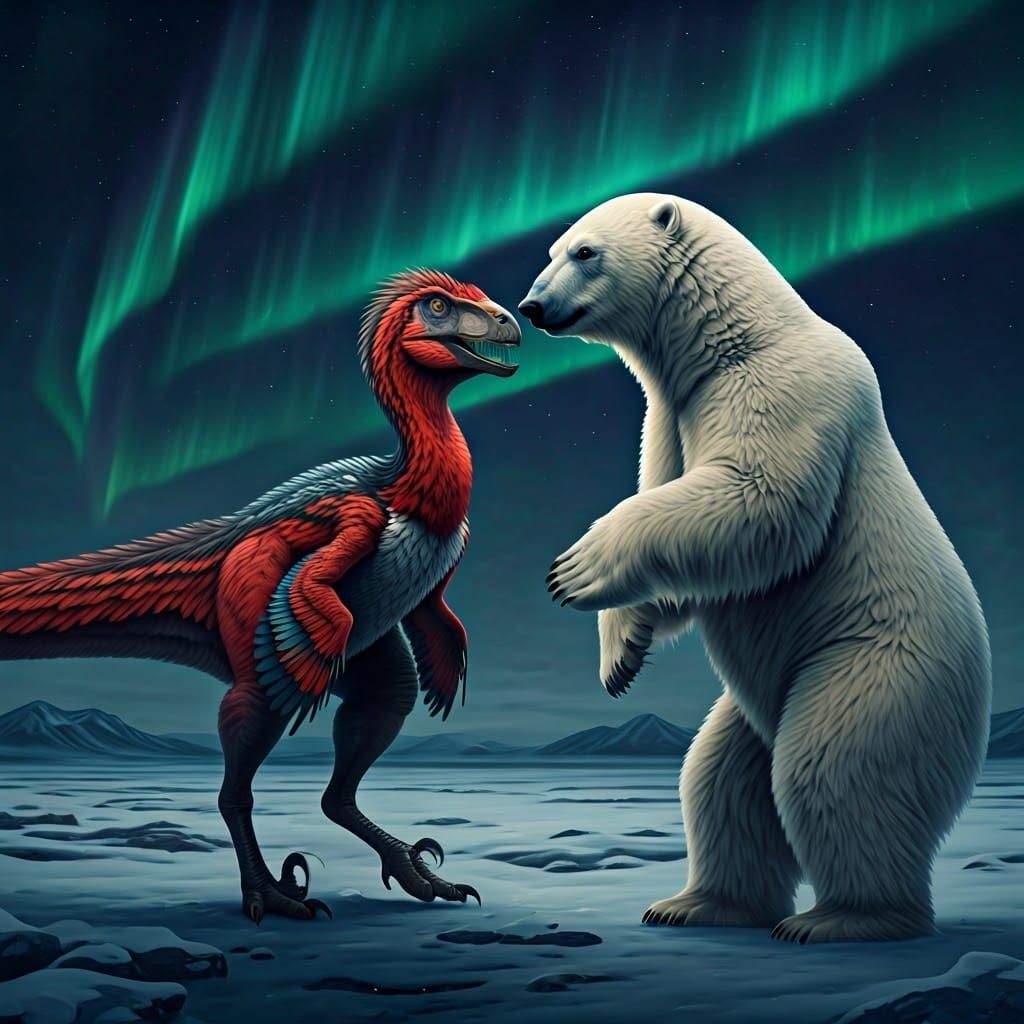 Crimson Utahraptor Stares Down Ivory Polar Bear in... - AI Art